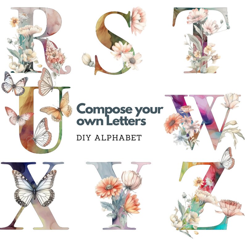 DIY Watercolor Alphabet, Numbers and Symbols Clipart PNG Bundle Floral ...