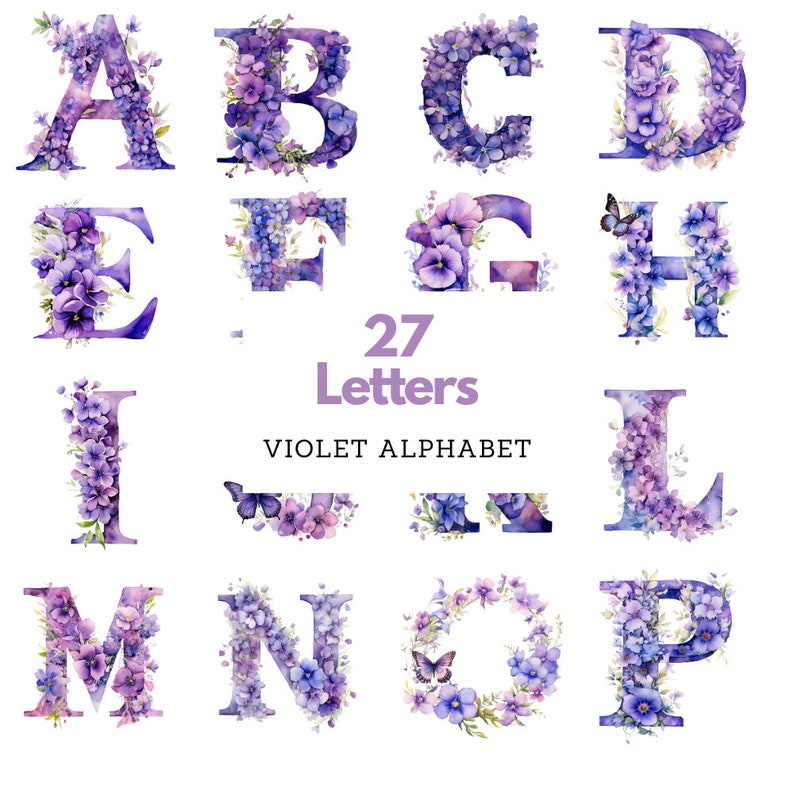 Violet Floral Alphabet Watercolor Floral Alphabet Letters Clipart PNG ...