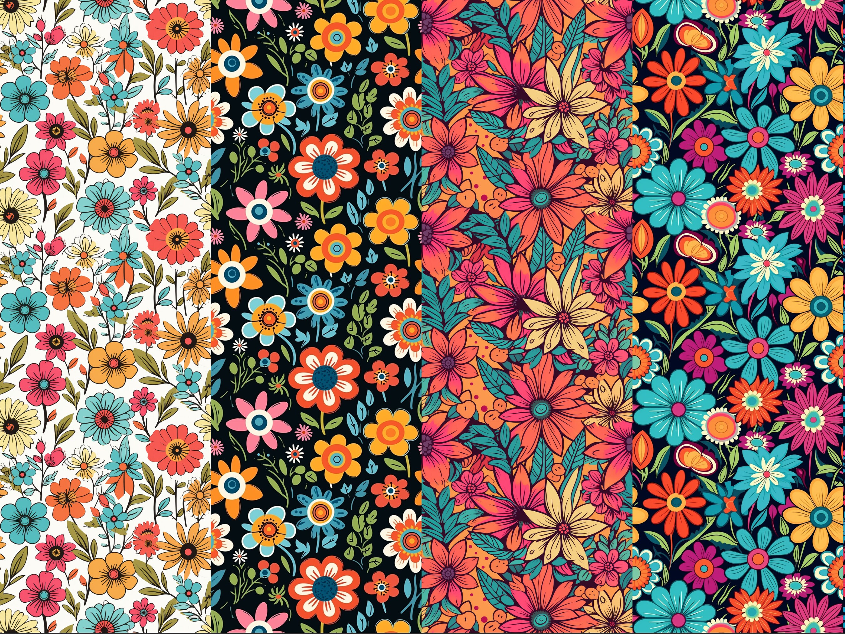 Retro Flowers Digital Paper Seamless Patterns Comercial License Digital ...