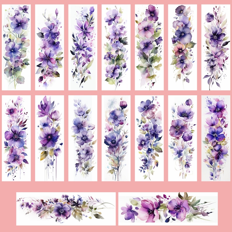 Bundle of 16 Violet Watercolour Flower Digital Bookmarks to Download ...