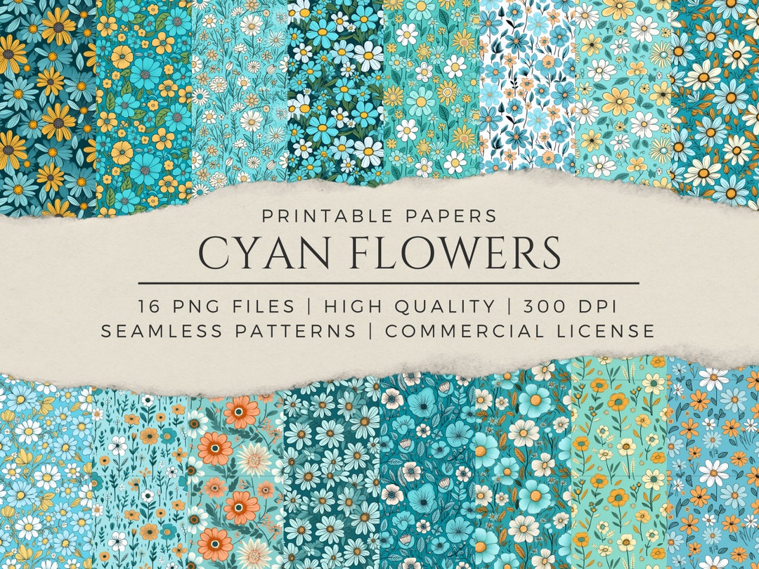 Cyan Flowers Digital Paper Seamless Patterns Commercial License Digital ...