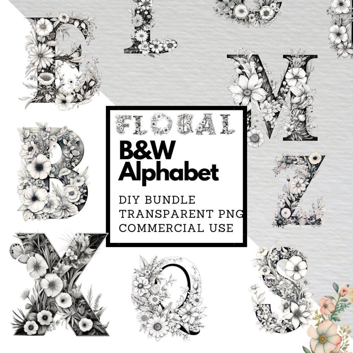 Floral Alphabet Drawing Letters Clipart PNG Bundle Floral Clip Art ...