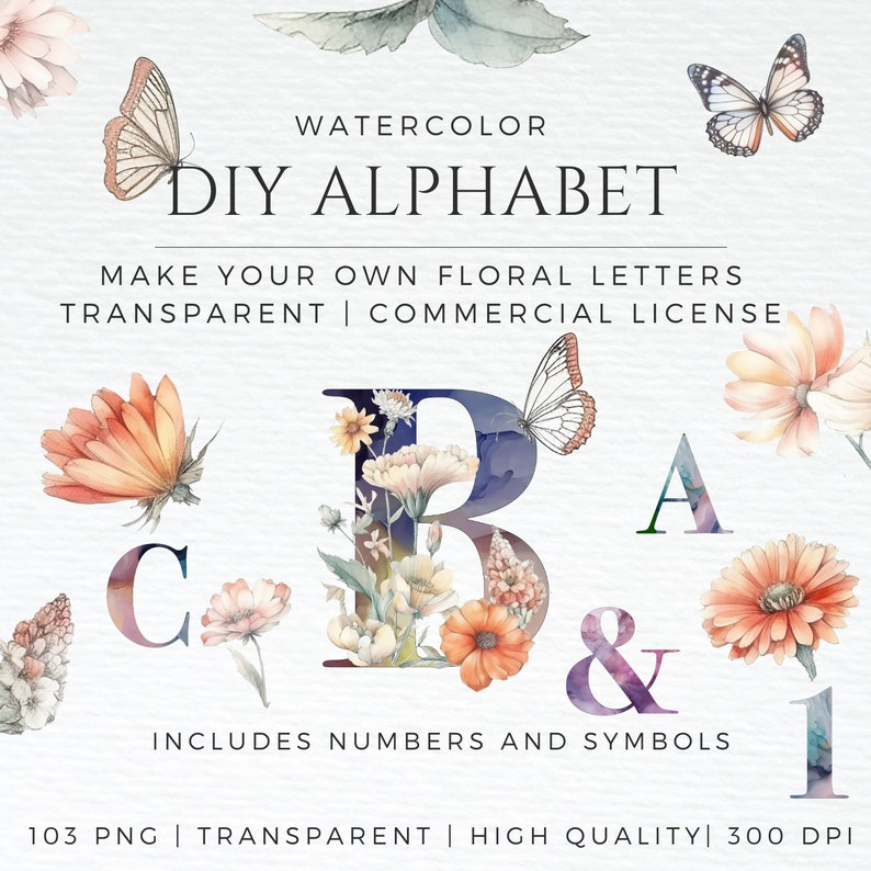 DIY Watercolor Alphabet, Numbers and Symbols Clipart PNG Bundle Floral ...
