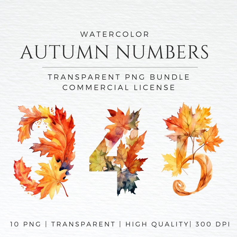 Watercolor Autumn Numbers Clipart PNG Bundle Autumn Aesthetic Clip Art ...