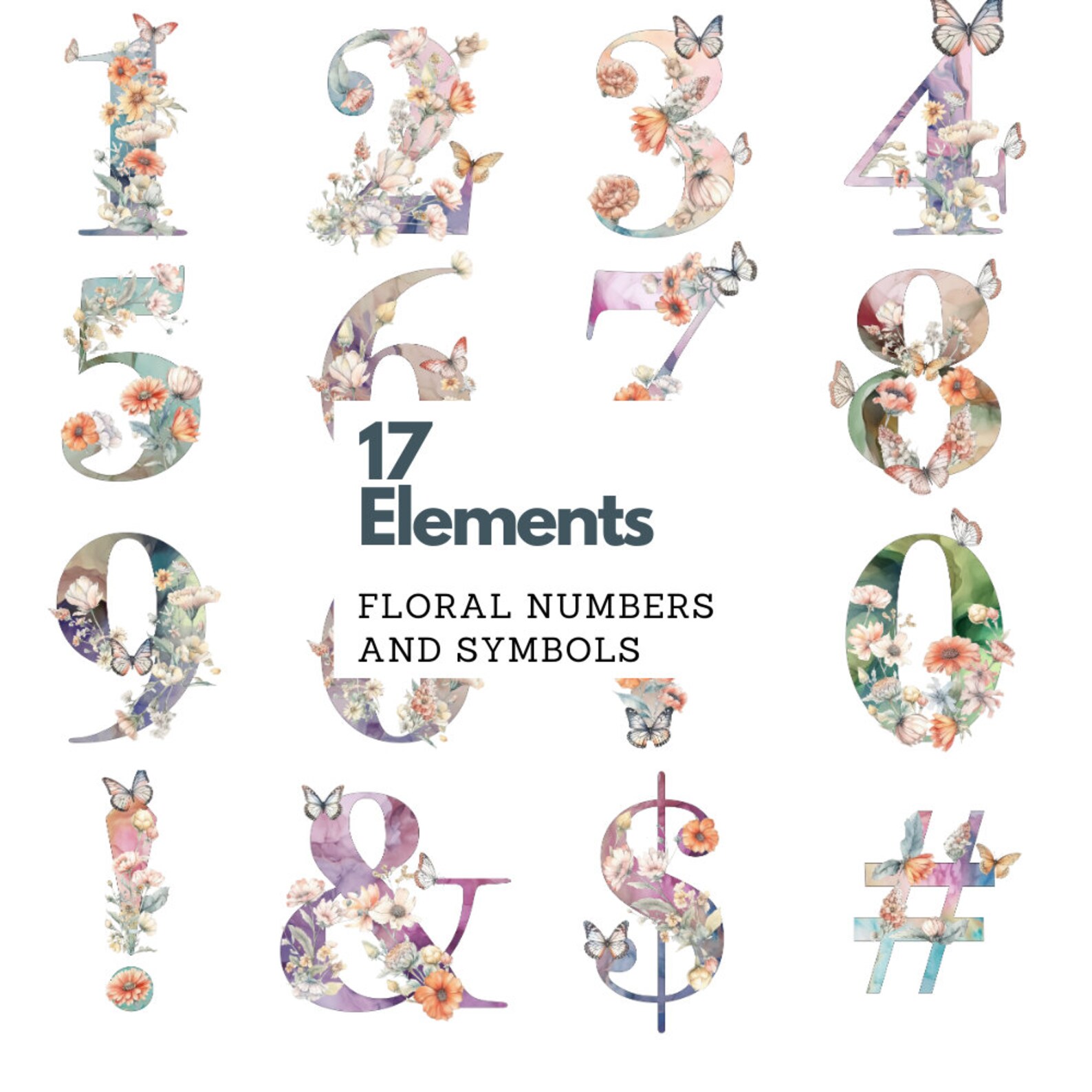 Watercolor Floral Numbers and Symbols Clipart PNG Bundle Floral Clip ...