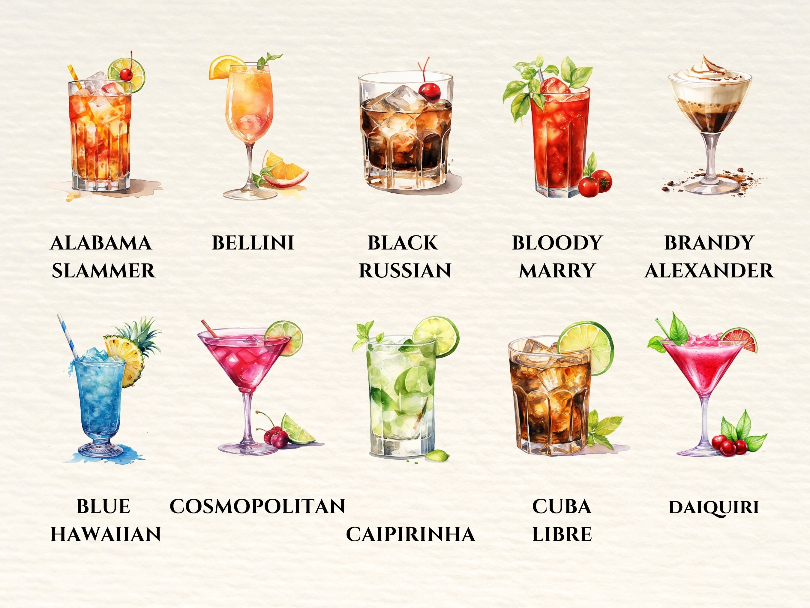 41 Watercolor Cocktail Clipart Bundle Signature Cocktail Glasses ...