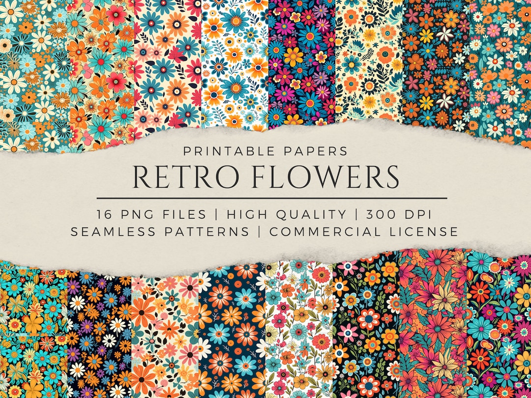 Retro Flowers Digital Paper Seamless Patterns Comercial License Digital ...