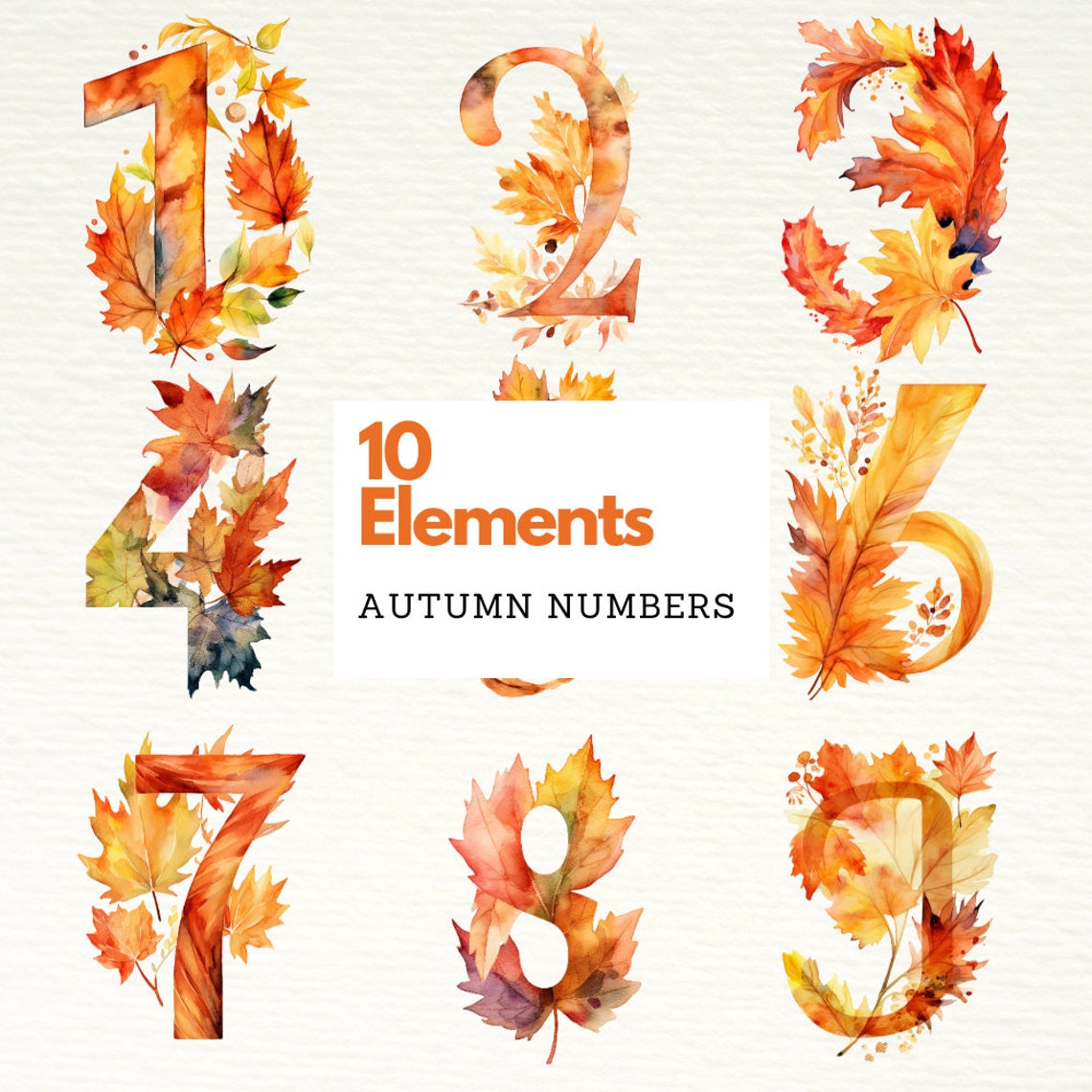 Watercolor Autumn Numbers Clipart PNG Bundle Autumn Aesthetic Clip Art ...