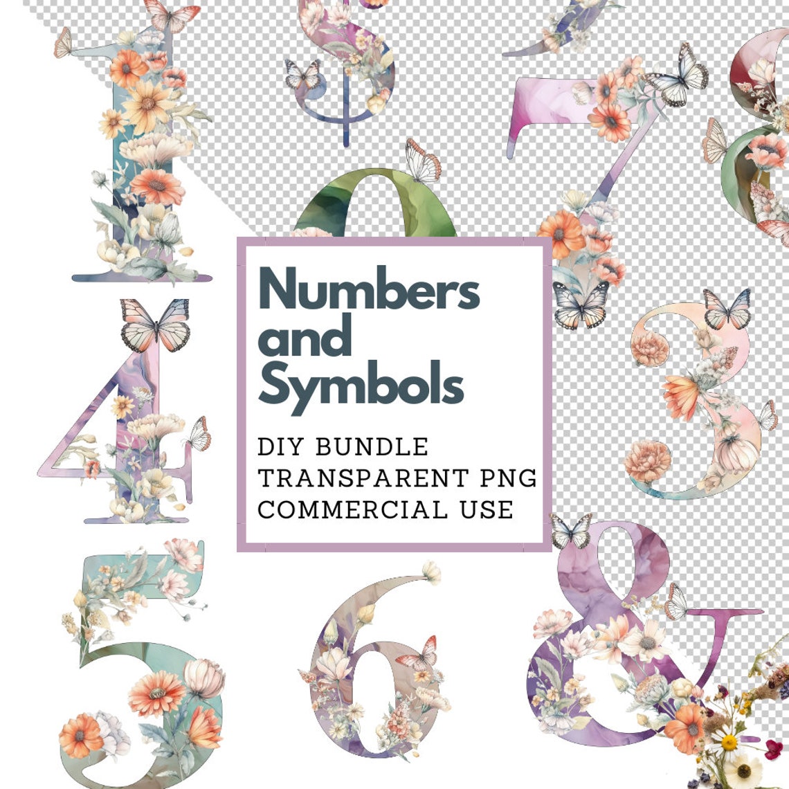 Watercolor Floral Numbers and Symbols Clipart PNG Bundle Floral Clip ...