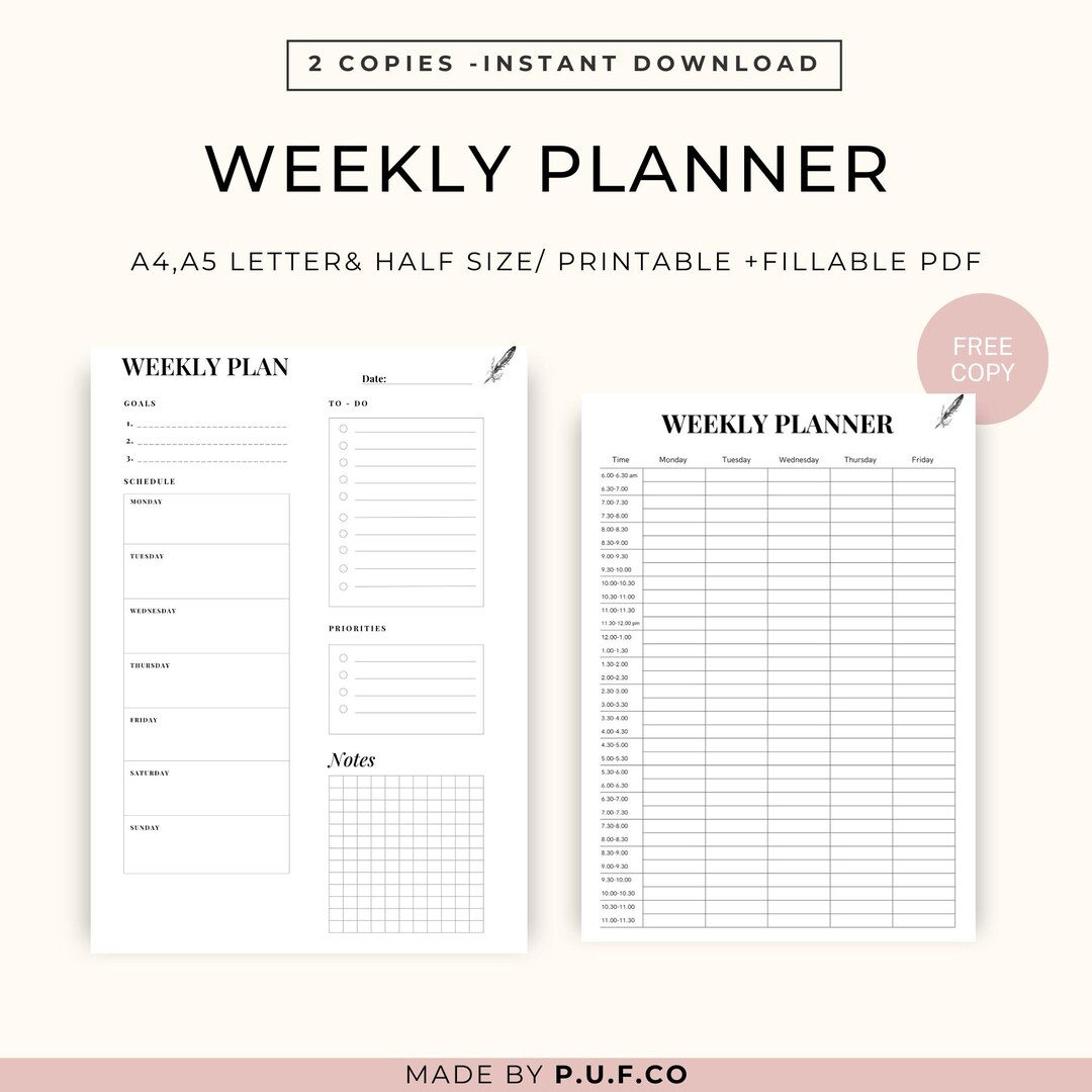 Weekly Printable & Fillable PDF Planner – Minimal to Do – A4 A5 Letter ...