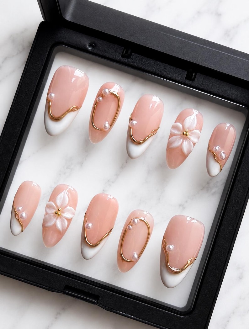 Handmade Bridal Almond Press-on Nails With French Tip Design - Etsy