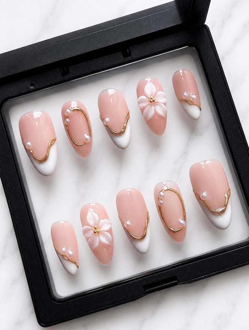 Handmade Bridal Almond Press-on Nails With French Tip Design - Etsy