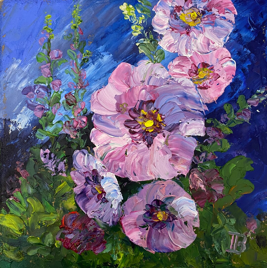 Mini Painting Mallow in Garden Original Impasto Oil Painting Home ...