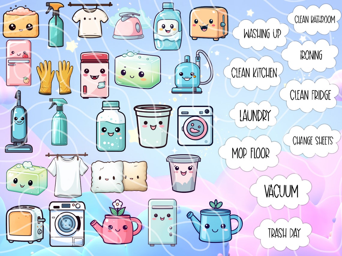 Kawaii Cleaning Digital Stickers | Digital Stickers | Goodnotes Planner ...