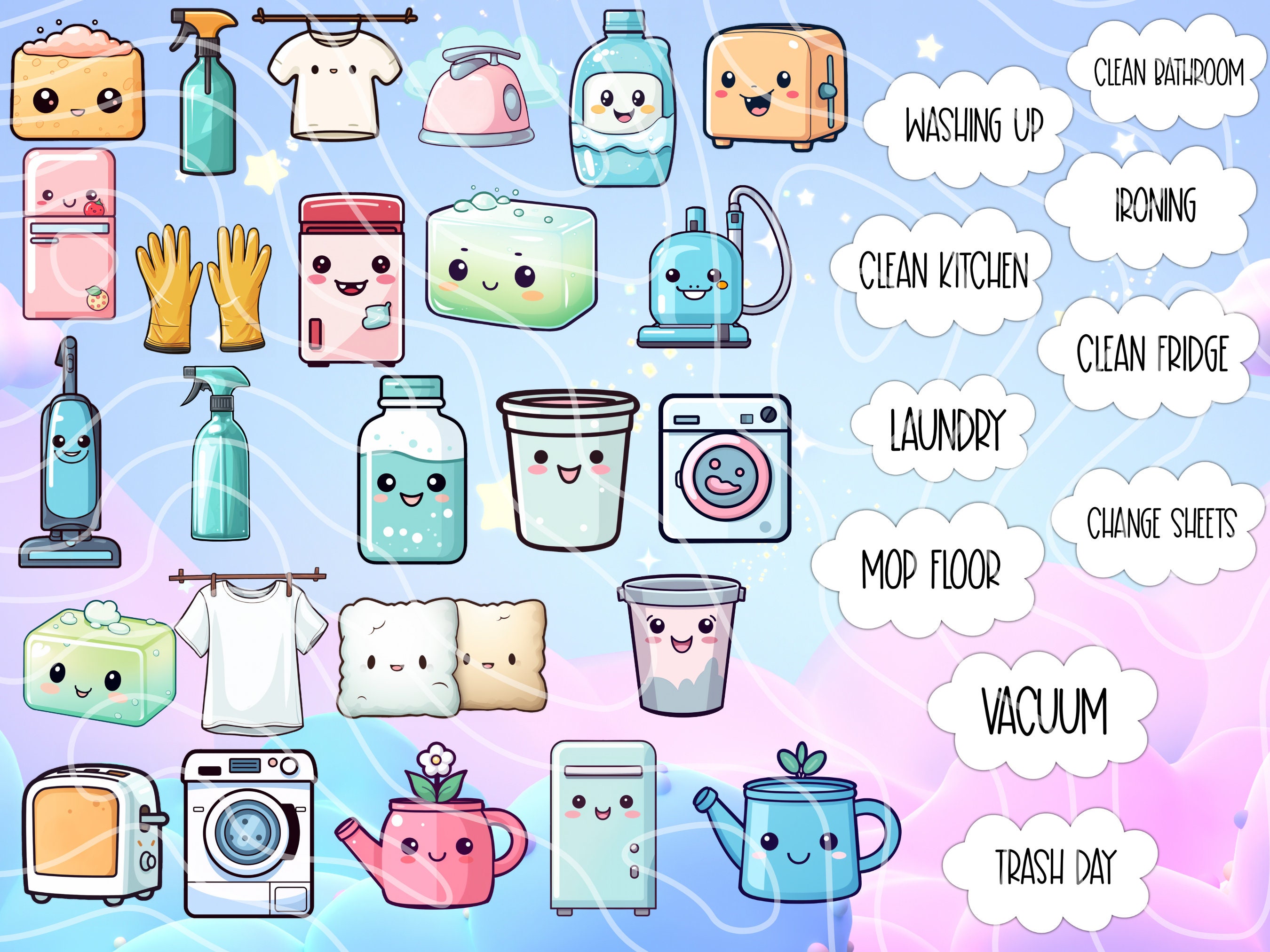 Kawaii Cleaning Digital Stickers | Digital Stickers | Goodnotes Planner ...
