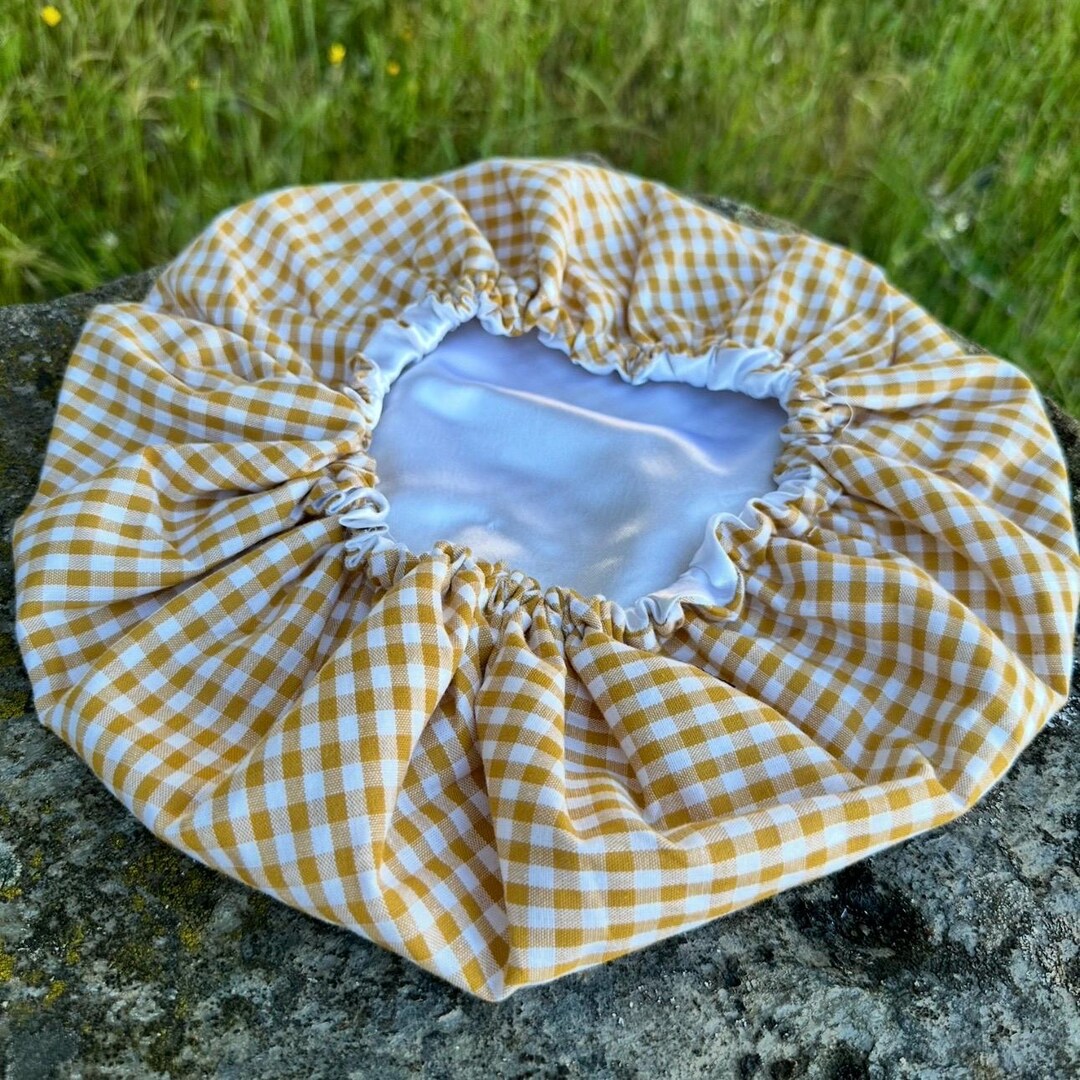 White Satin and Yellow Checkered Bonnet for Evening and Facial ...