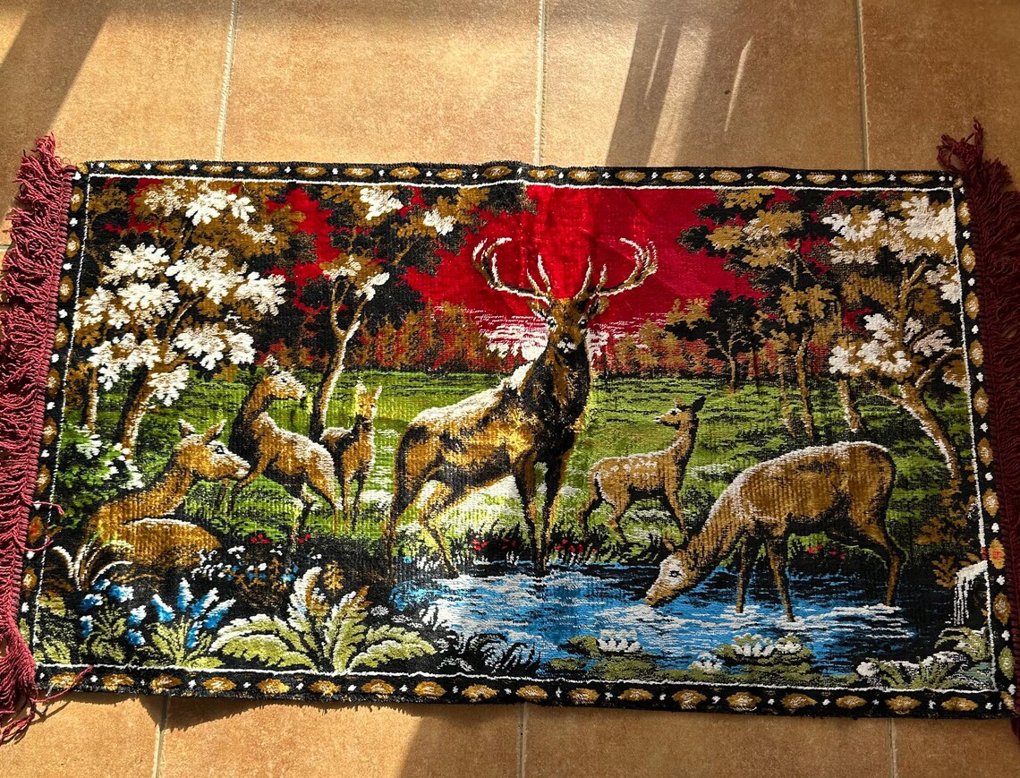 Vintage Deer Hunting Tapestry Wall Hanging, Deer Stag in the Forest ...