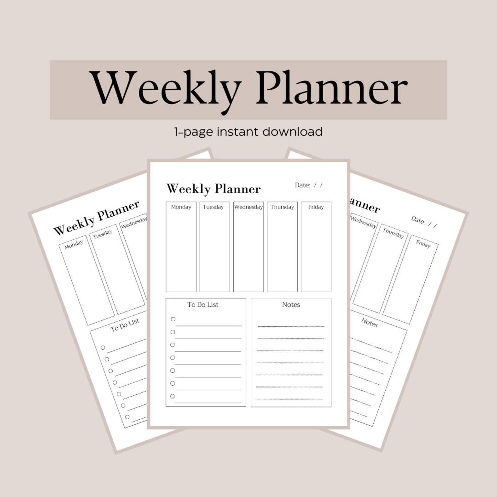 Minimalist Weekly Planner | 1-page Printable | 3 Sizes | Notes Pages ...