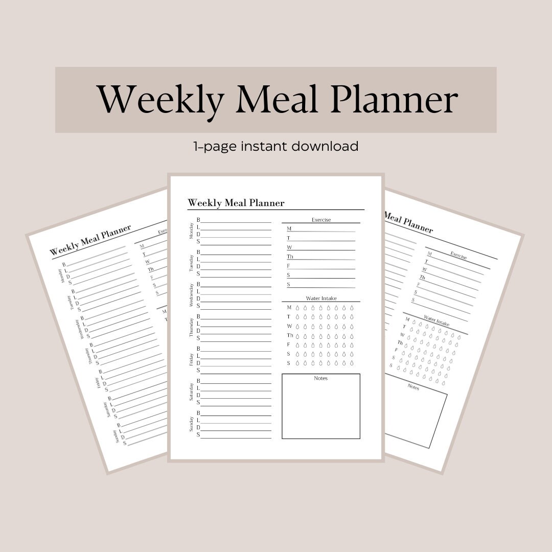 Weekly Meal Planner | Exercise Planner | Hydration Tracker | 1-page ...