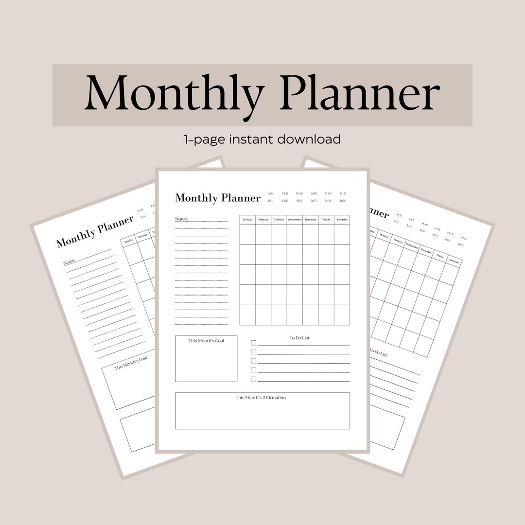 Simple Monthly Planner | 1-page Printable | 3 Sizes Available - Etsy