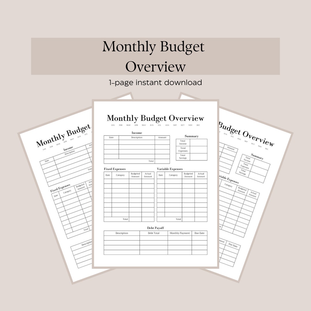 Monthly Budget Overview | 1-page Printable | 3 Sizes Available - Etsy