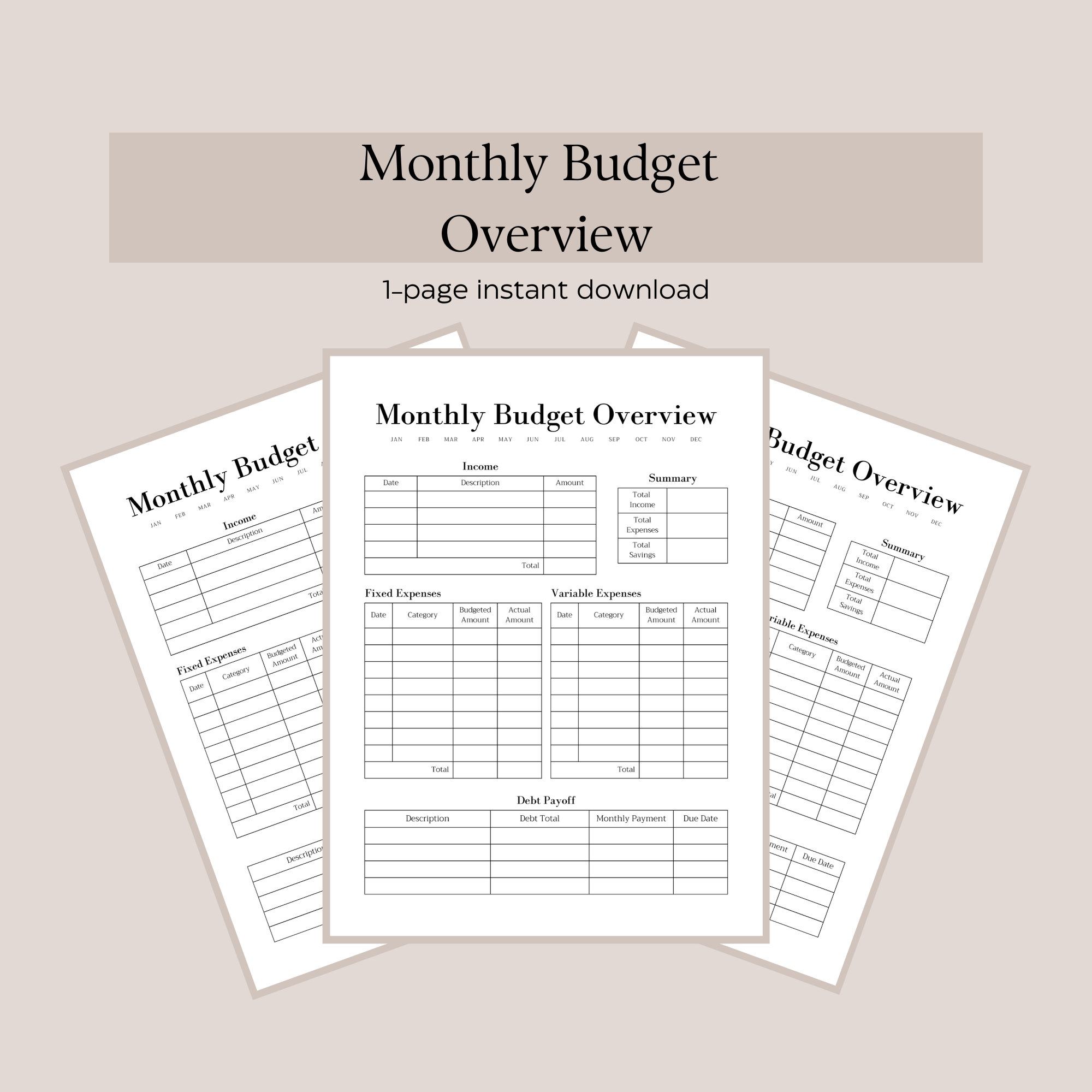 Monthly Budget Overview 1-page Printable 3 Sizes Available - Etsy