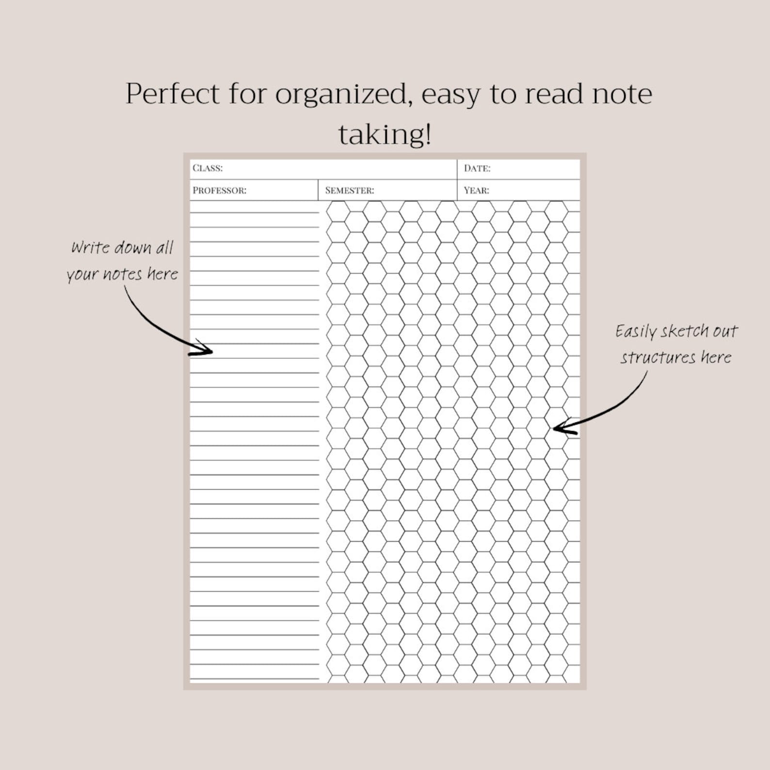 Hexagonal Note Paper | Organic Chemistry Note Paper | 1-page Instant ...
