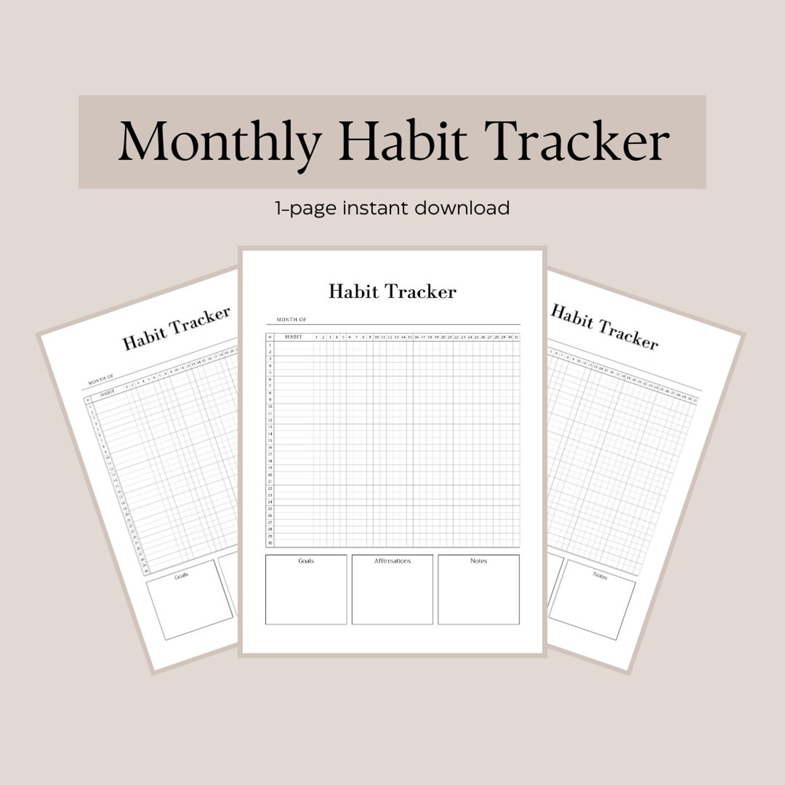 Monthly Habit Tracker | 1-page Instant Download | Letter Size | A4 | A5 ...