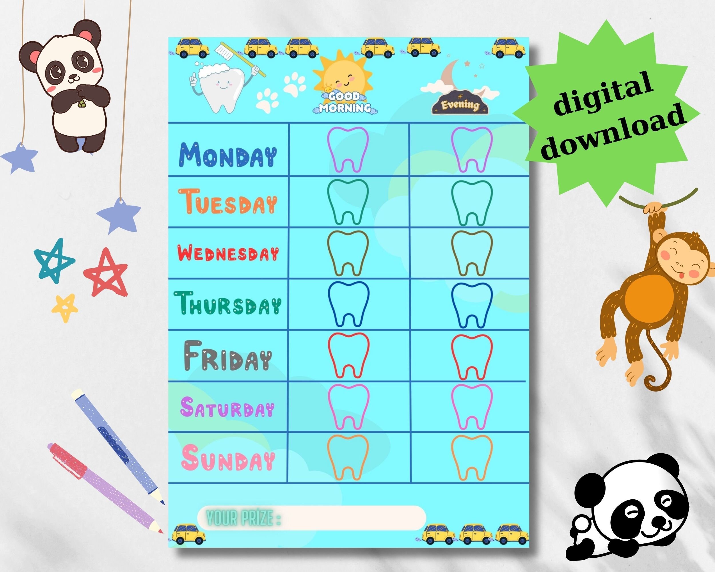 Printable Brushing Teeth Chart Kids Routine Monthly Brushing Checklist ...