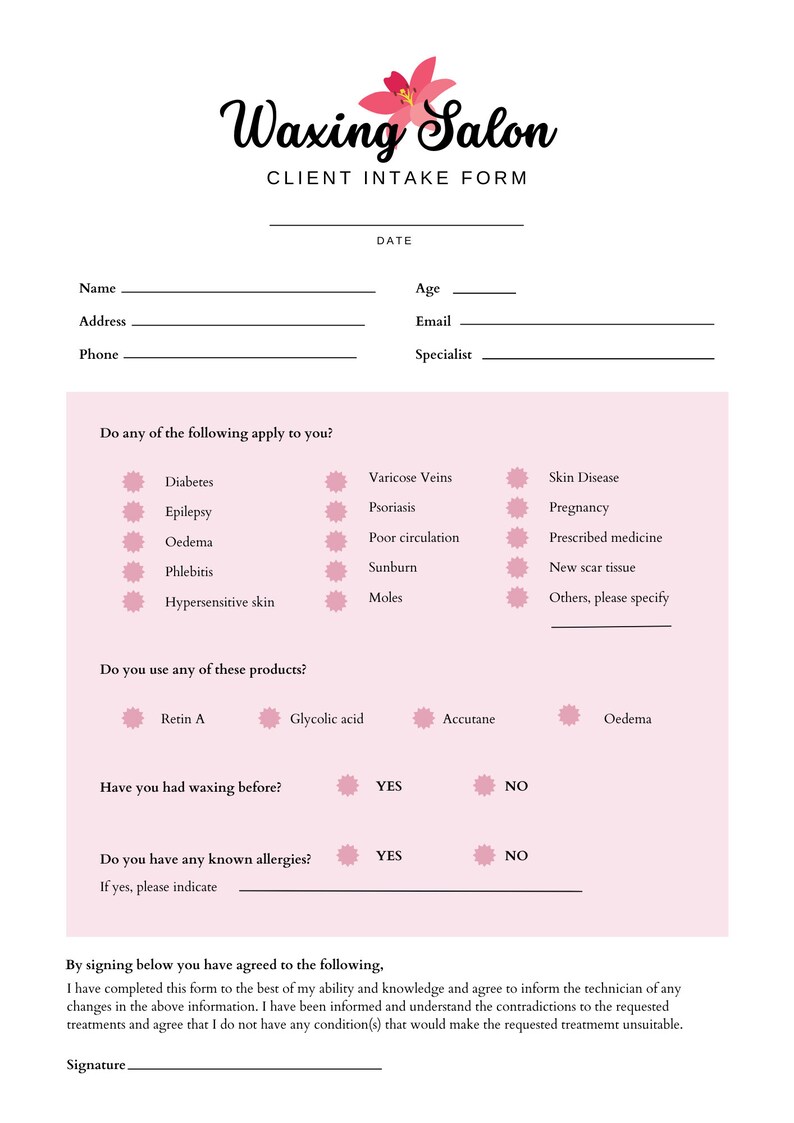 Waxing Studio Client Intake Form, Digital Download - Etsy