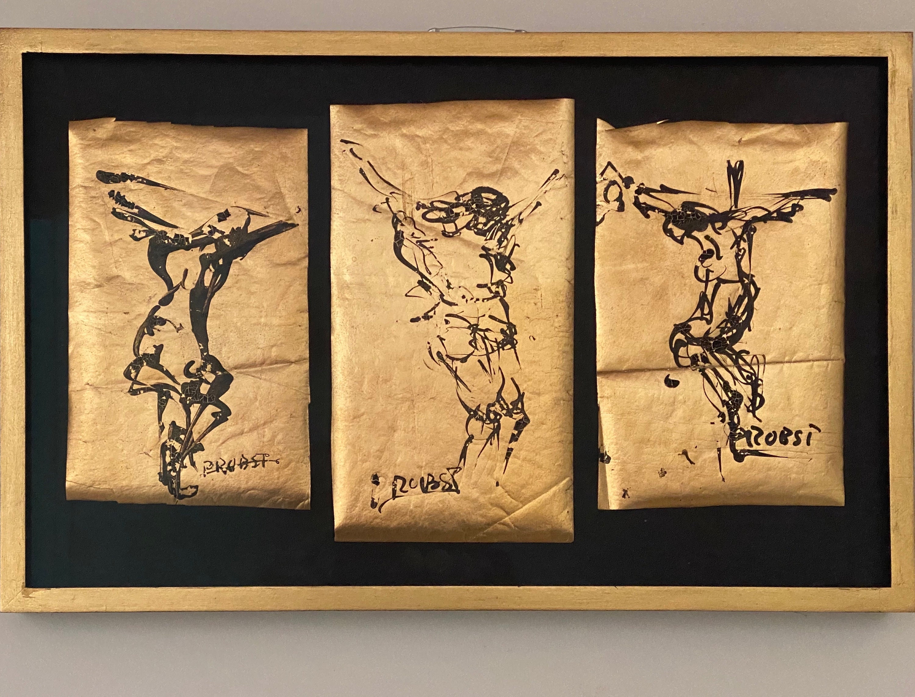 Joachim Probst ORIGINAL (c. 1960s) Signed Ink Drawing on Gold Foil ...