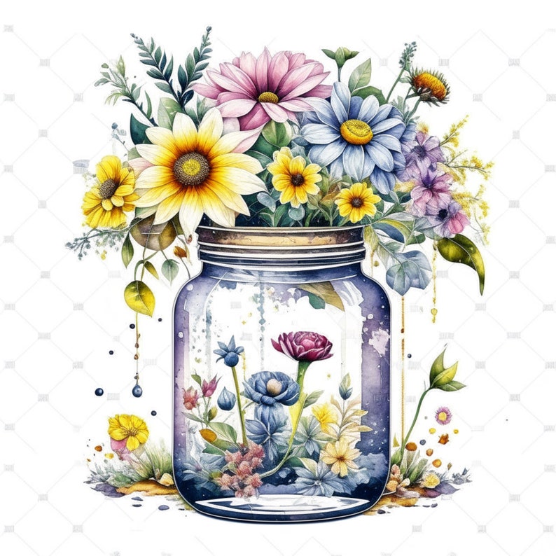 Mason Jar Flowers Digital Art Flower Clipart 12 High Quality Jpgs ...