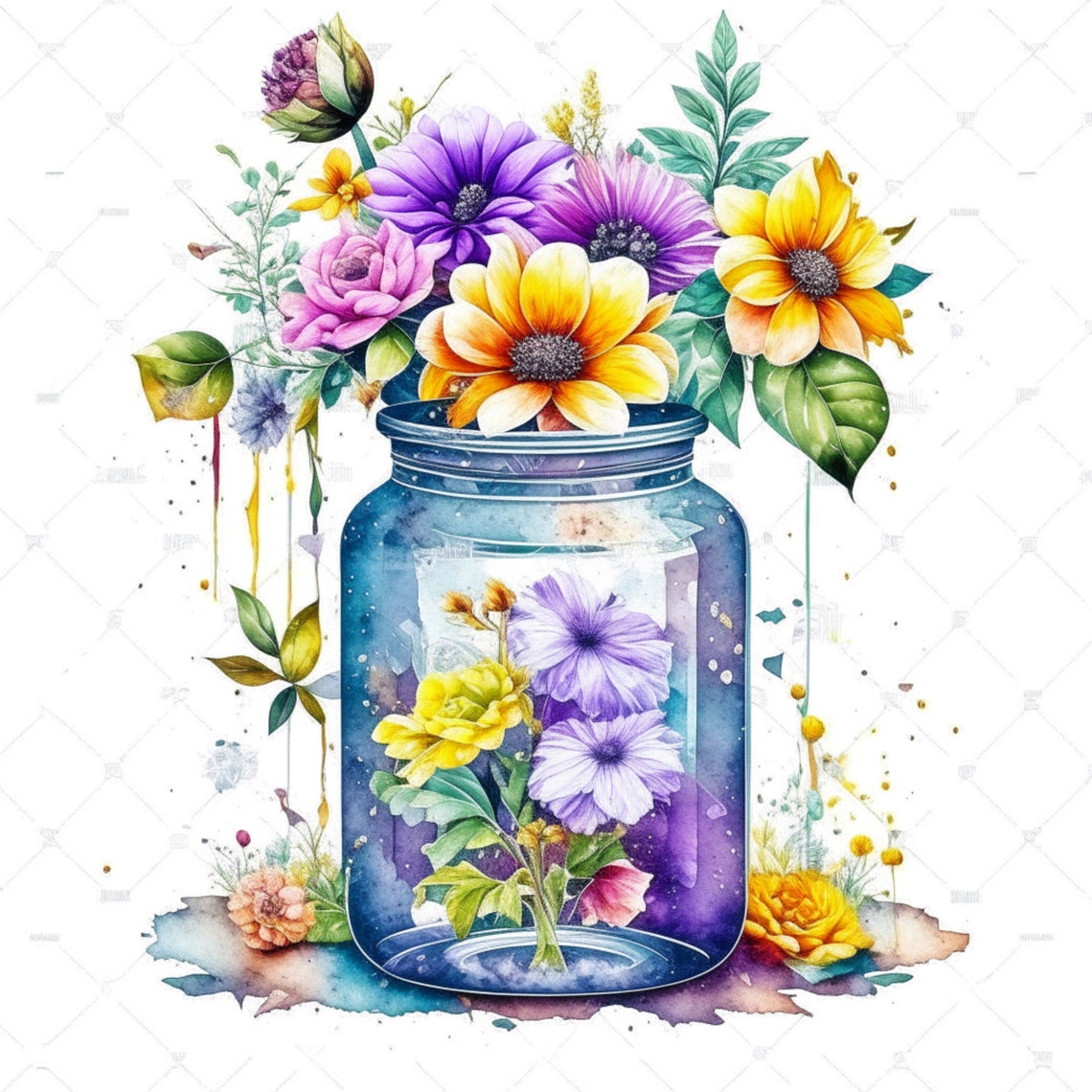 Mason Jar Flowers Digital Art Flower Clipart 12 High Quality Jpgs ...