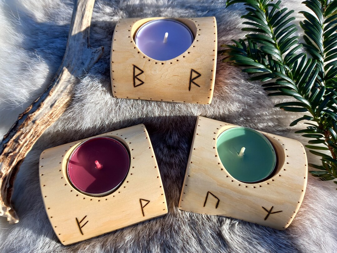 Elder Futhark Bind Runes Wooden Tea Light Candle Holders, Prosperity ...