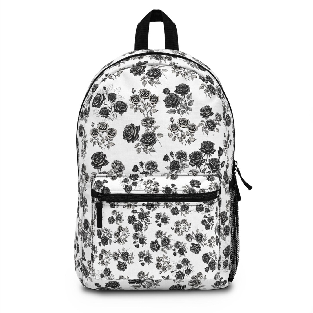 Dark Floral Backpack, Gothic Roses Backpack, White and Black Floral Bag ...