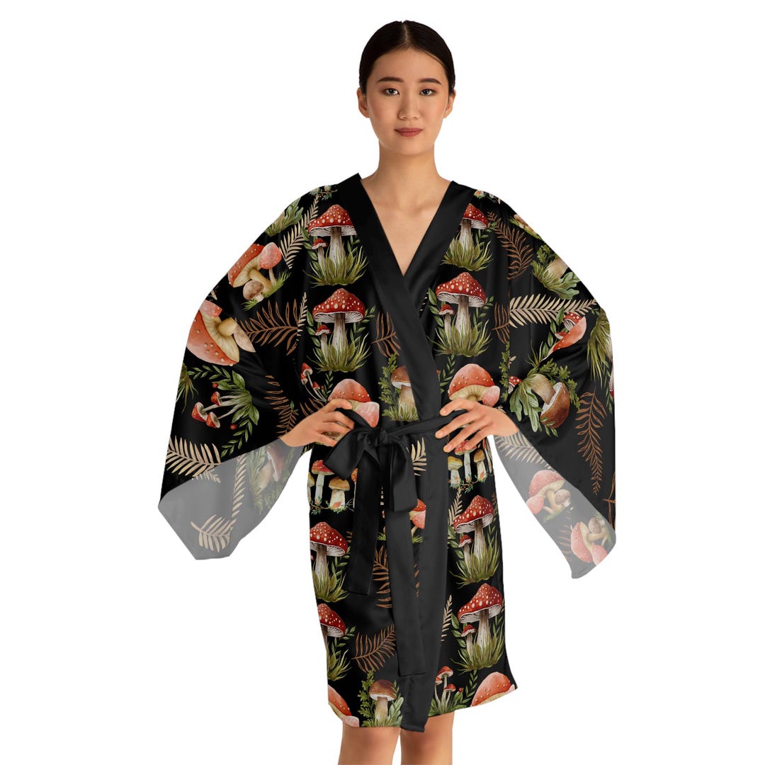 Fern and Mushroom Kimono Robe, Cottagecore Robe, Fairycore Kimono ...