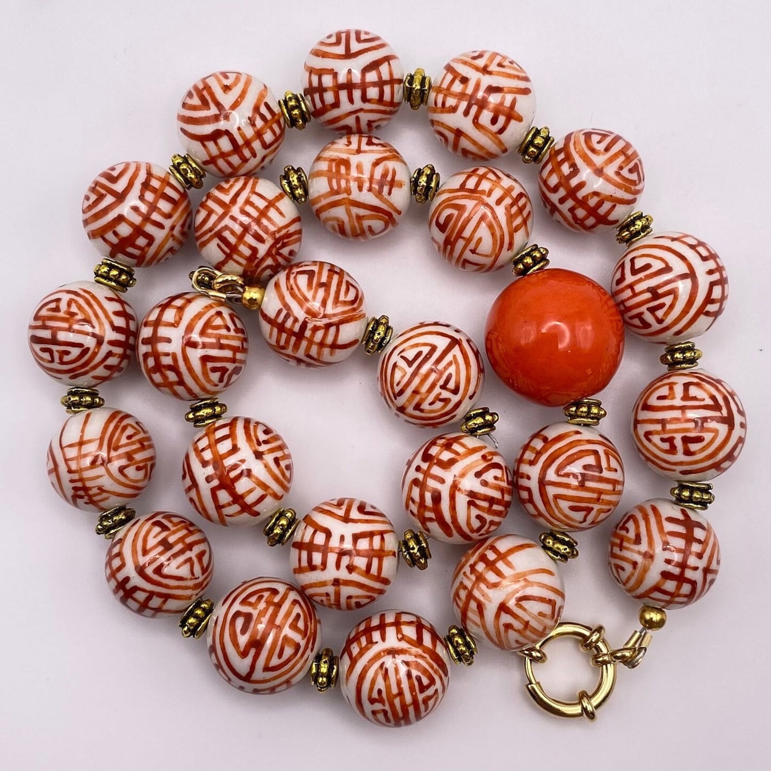 Hand Painted Chinese Porcelain Bead Necklace / Blue / Orange / Accent ...