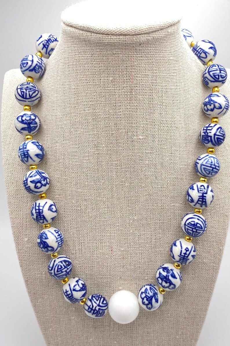 Hand Painted Chinese Porcelain Bead Necklace / Blue / Orange / Accent ...