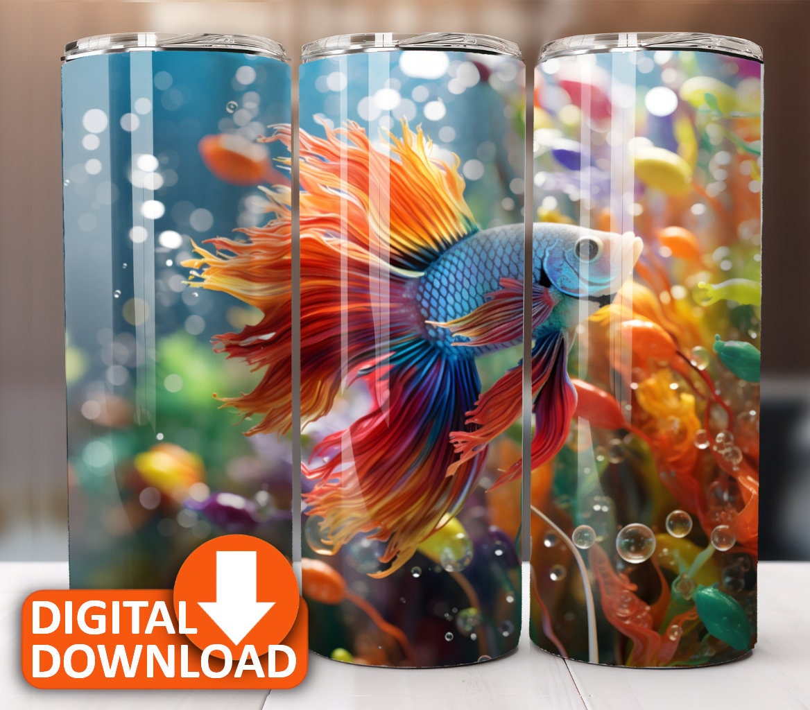 3D Rainbow Betta Fish Art Tumbler Wrap, 20oz Skinny Straight ...