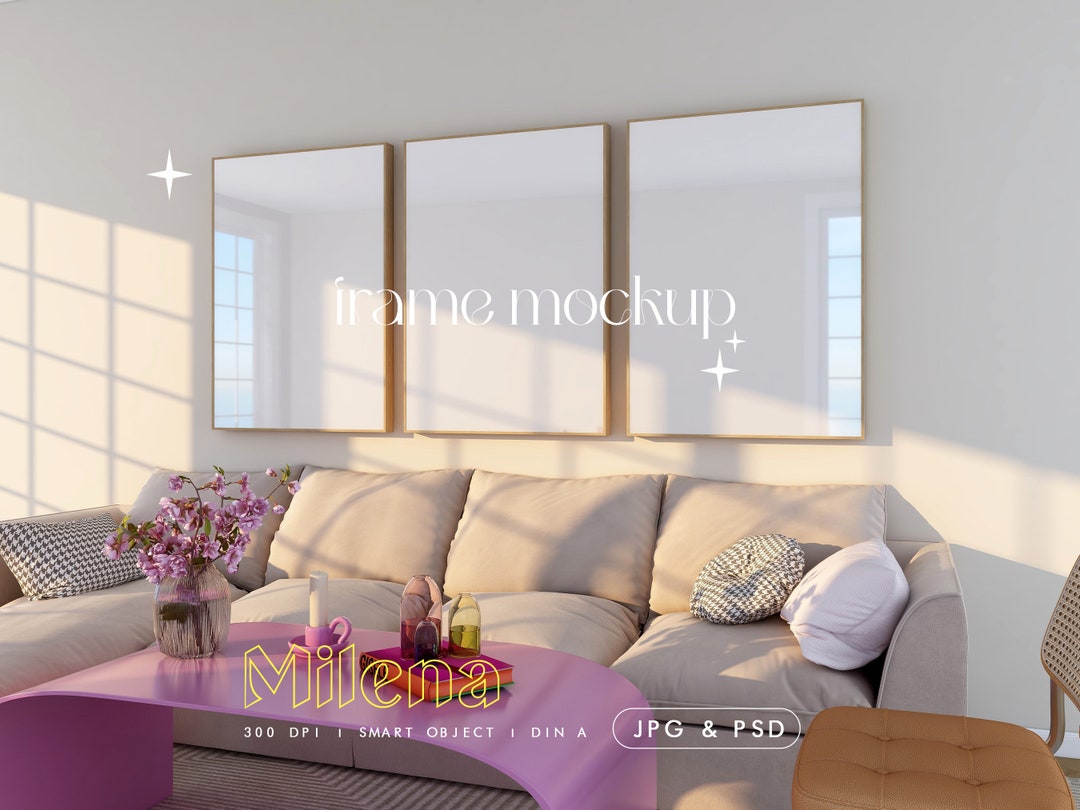 Triple Poster Mockup, 3 Wood Frames Mockup in Coquette Interior, DIN A ...