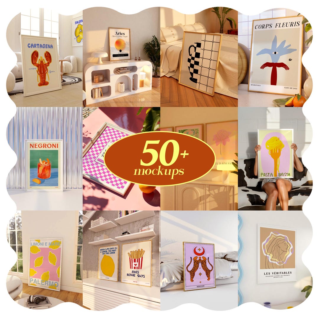 Retro Frame Mockup Bundle, 50 Poster Mockups Pack, Modern Wall Art ...