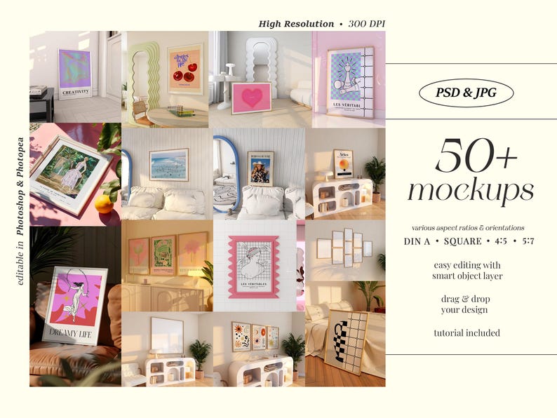 Retro Frame Mockup Bundle, 50 Poster Mockups Pack, Modern Wall Art ...