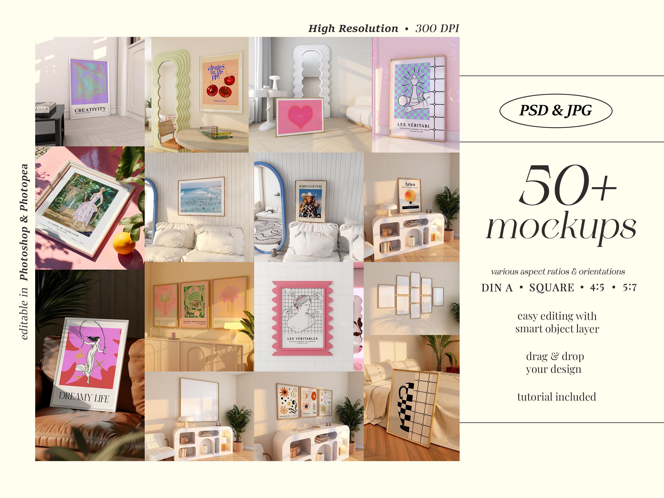 Retro Frame Mockup Bundle, 50 Poster Mockups Pack, Modern Wall Art ...