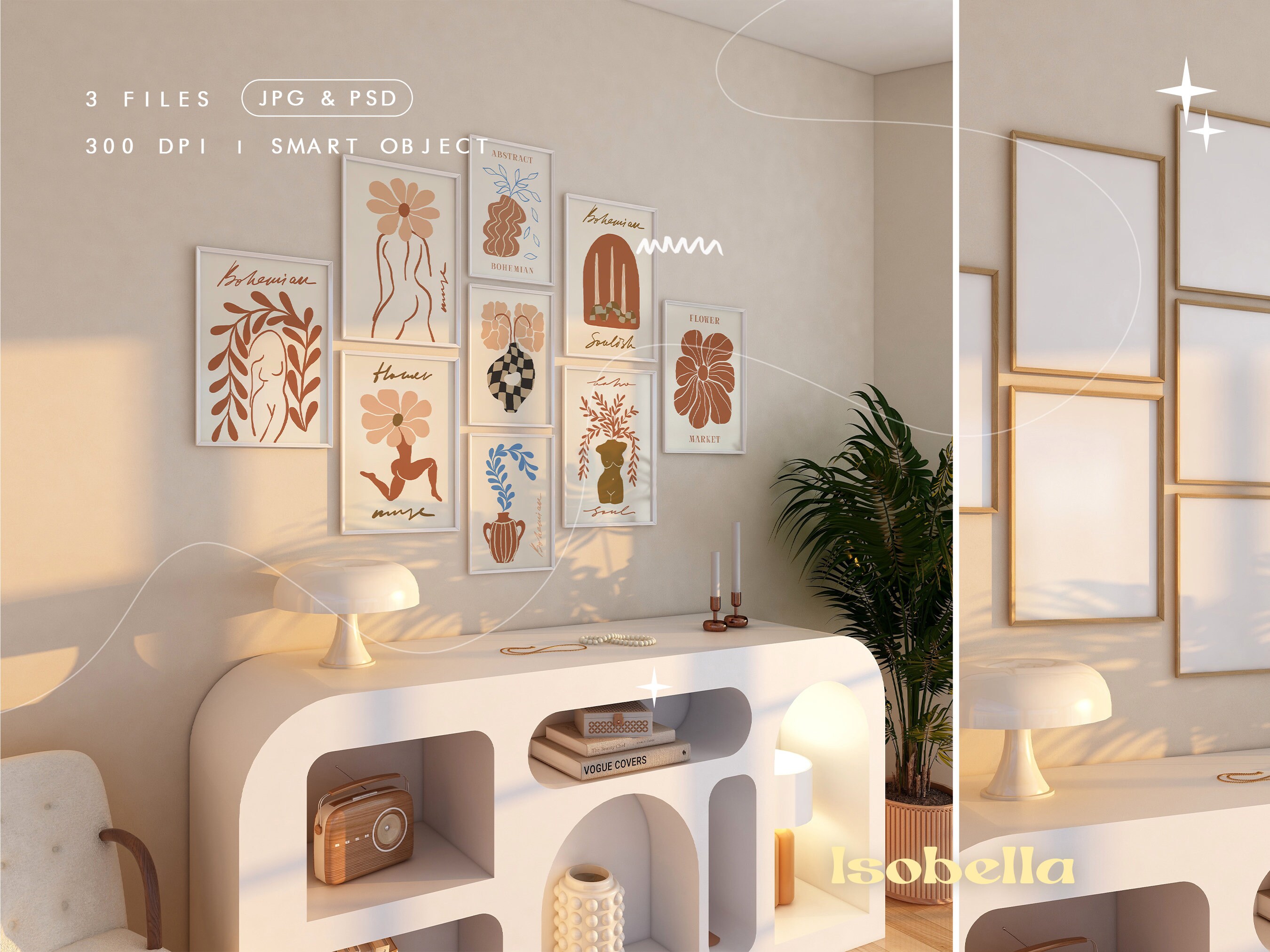 Gallery Wall Mockup, Wood Vertical Frames, Boho DIN A Print Mockup ...