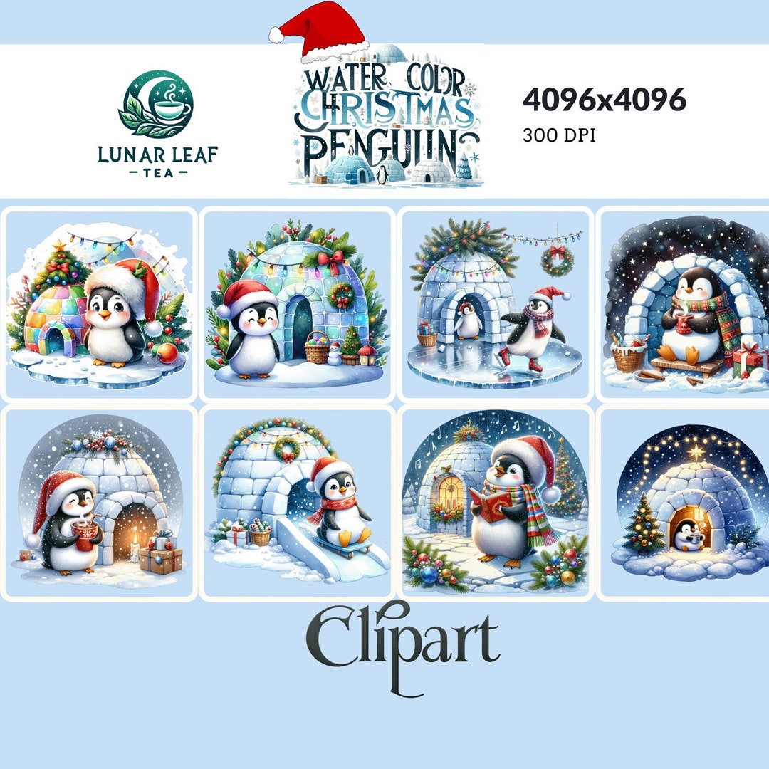Christmas Penguin Clipart - Cute Watercolor Igloo Penguins, Holiday ...