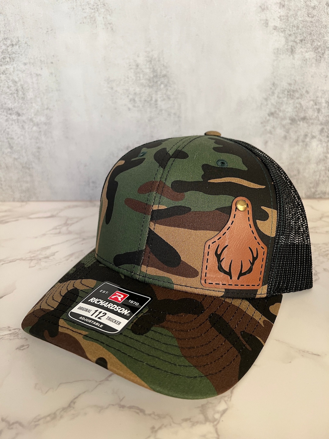 Custom Leather Ear Tag Patch Trucker Hat, Leatherette Trucker Style ...