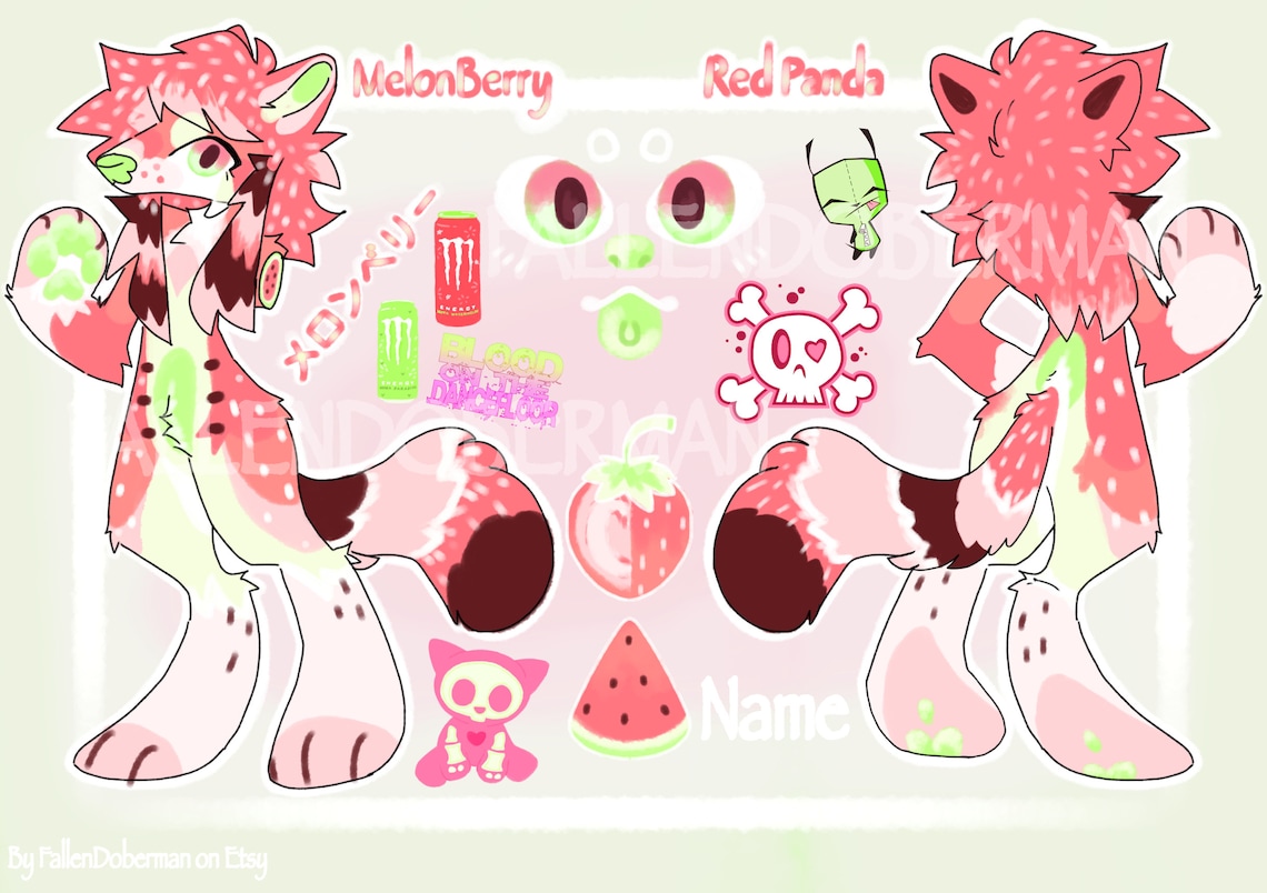 Watermelon/strawberry Red Panda Scene Kid Furry Fursona Adopt Ref Sheet ...
