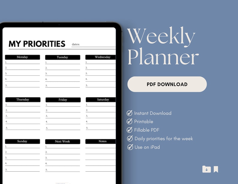 Weekly Schedule Printable, Daily Priorities Task List, Note Tracker - Etsy