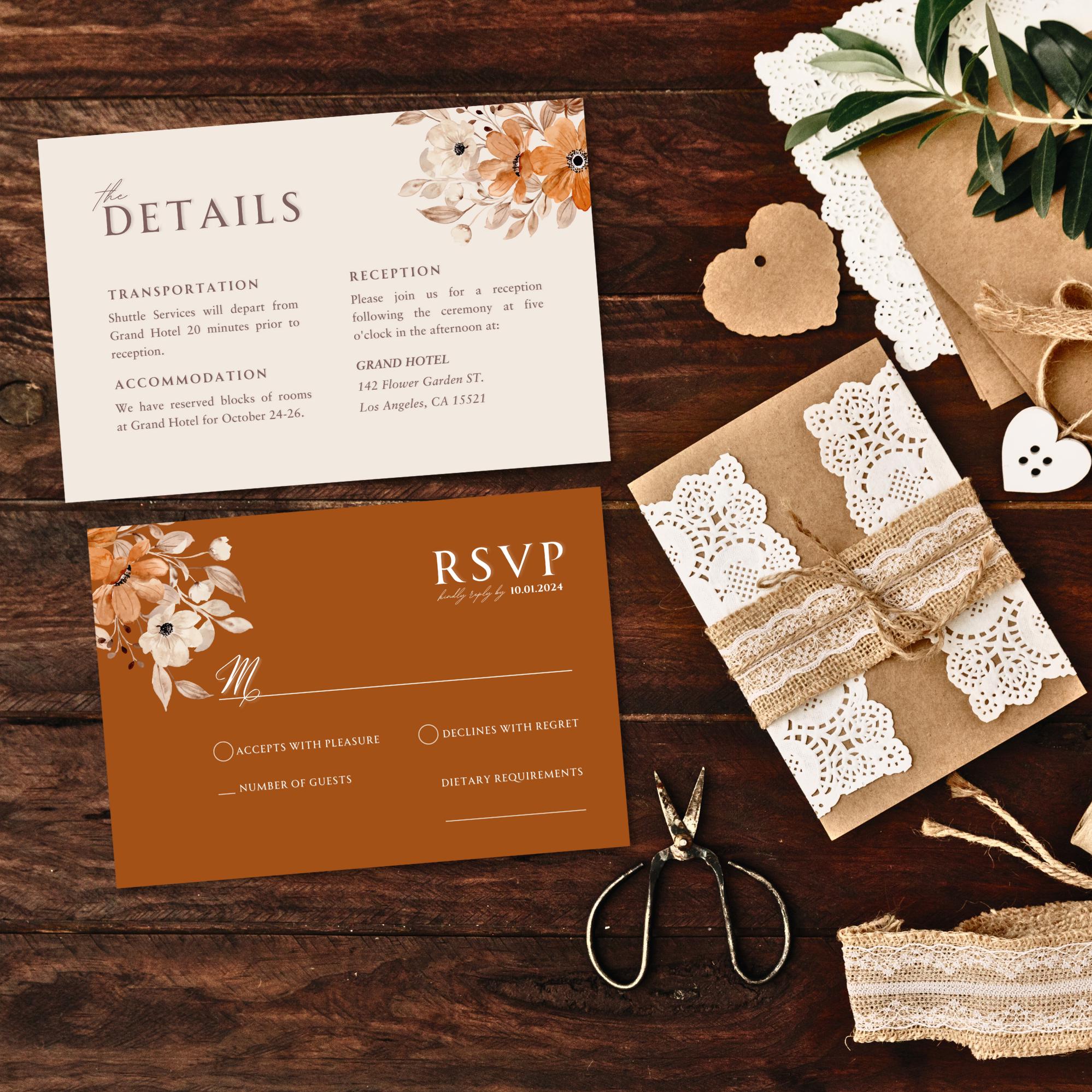 Terracotta Wedding Invitation Template Set, Boho Floral Wedding Invite ...
