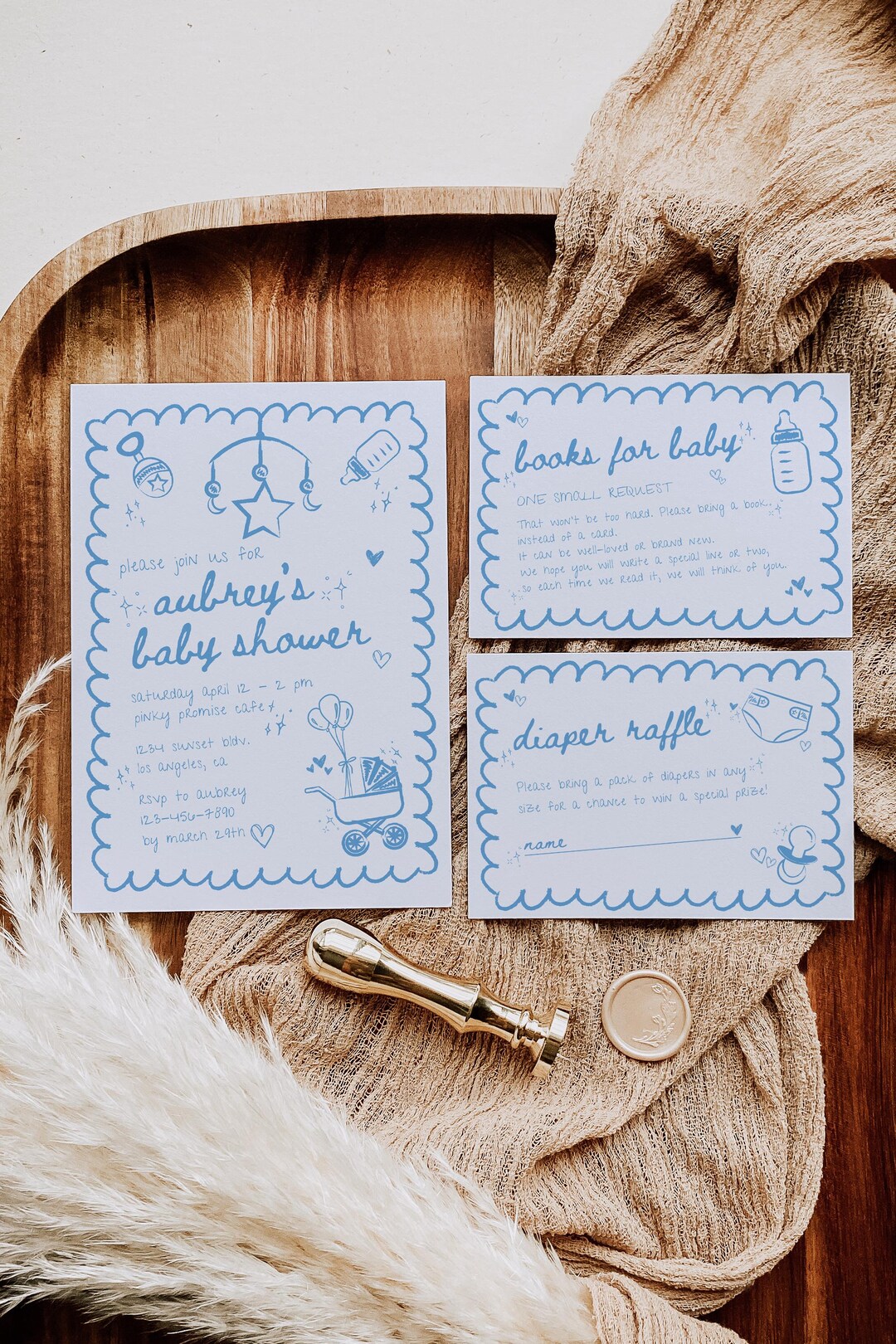 Blue Hand Drawn Baby Shower Invitation Set, Whimsical Boy Invite Suite ...